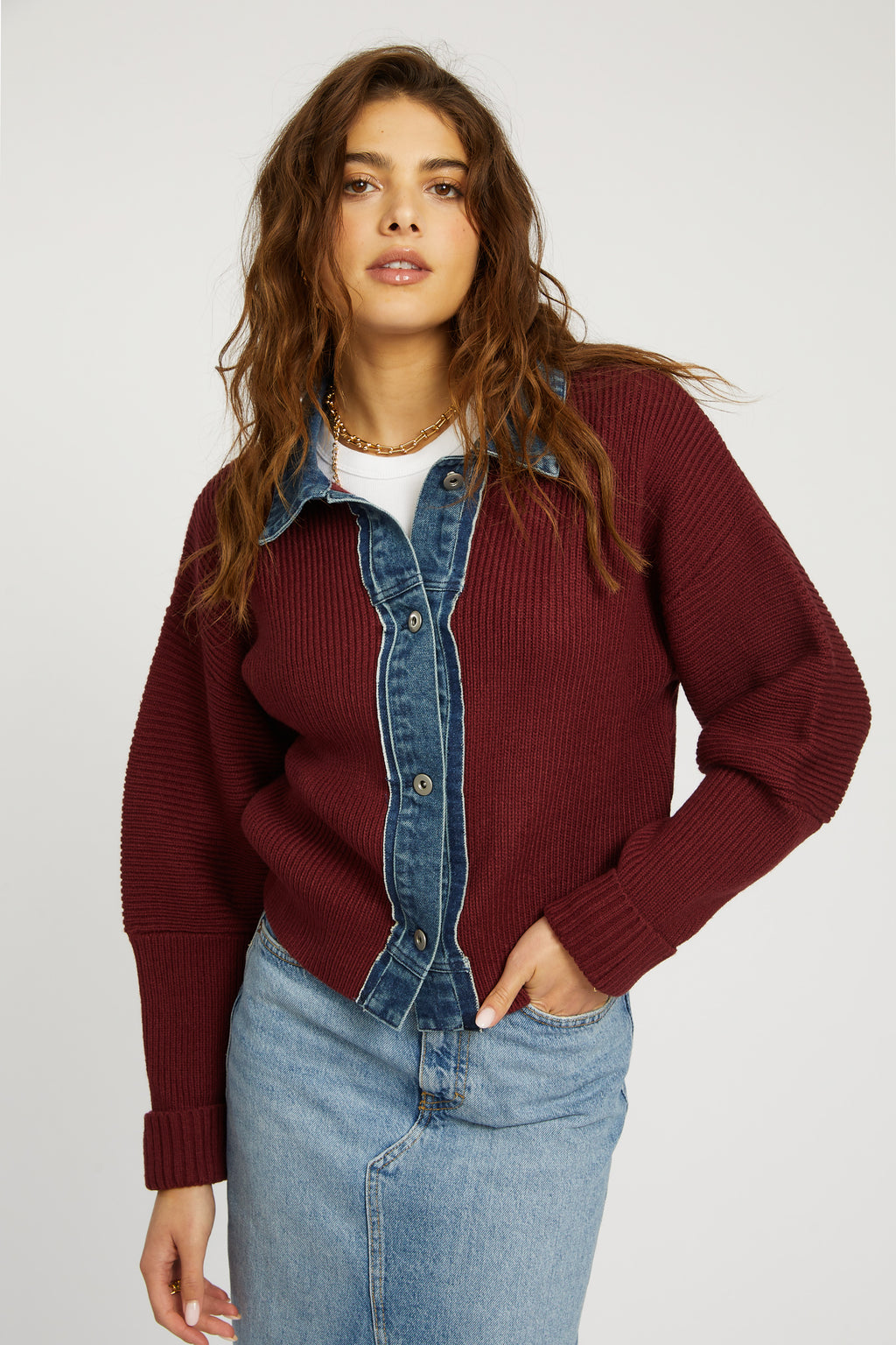 Piper Denim Trim Sweater - Burgundy – FRENCHMAUVE
